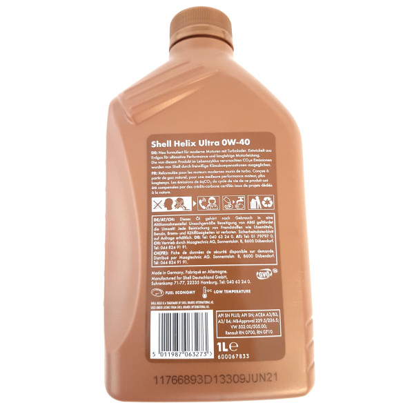 Shell Helix Ultra 0W40 Motoröl 1L VW Norm 50500 50200 Öl Pure Plus ...